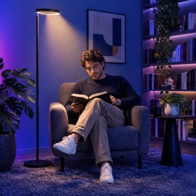 HOMCOM Stojací lampa 42W LED stmívatelná, 3 barevné teploty, stropní reflektor s nastavitelnou hlavou ve tvaru kruhu, černá