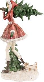 Červená dekorace socha dívka nesoucí stromek s pejskem - 25*17*43 cm