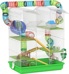 PawHut Klec pro Křečky a Myši s Tunelovým Krmným Kolem 47 x 30 x 59 cm Zelená