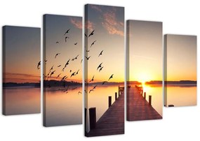 Obraz na plátně pětidílný Lávka Ptáci Západ slunce - 150x100 cm