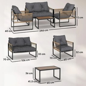 Zahradní ratanový nábytek Outsunny 4 kusy s polštáři, zahradní sedací souprava, 1 skleněný konferenční stolek, 2 křesla, 1 dvoulůžková pohovka, elega…