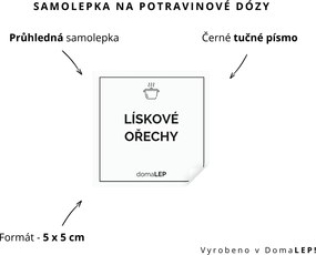LÍSKOVÉ OŘECHY - omyvatelná samolepka na dózu, výběr rozměrů Ø 5 cm / 5 x 5 cm / 6 x 8 cm | DomaLEP tvar: ČTVEREC, barva: PRŮHLEDNÁ - ČERNÉ písmo, velikost: š. 5 cm x v. 5 cm - tučné písmo