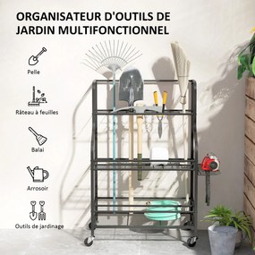 Outsunny Organizér na zahradní nářadí, 54 přihrádek pro uložení nářadí s 5 háčky, ocelový regál na nářadí na kolečkách, 3 úrovně pro nářadí, hrábě, če