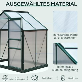 Outsunny Polykarbonátový Zeleninový Skleník 2,51 m² Hliníkový Skleník 190 x 132 x 201 cm UV-odolný, se Zpevněným Základem, Okapem, Střešním Okénkem a…
