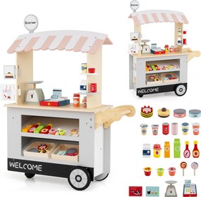 Costway Dětský dřevěný jídelní vozík na 3 kolečkách s pokladnou Food truck