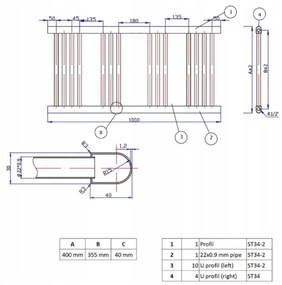 Erga Puerto, topné těleso 500x1400 mm, 609W, černá matná, ERG-PUERTO/1400/500/455/BLACK