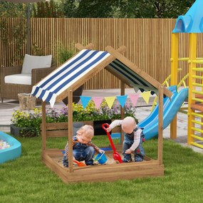 Outsunny Pískoviště s ochranou proti slunečnímu záření, design domečku na hraní, se sadou hraček, opracované masivní dřevo, 124 x 116 x 146 cm, hnědá…