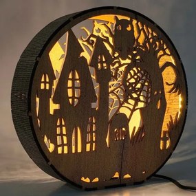 Dřevěná LED lampa Halloween - Strašidelný dům se sovou | SENTOP LED0619