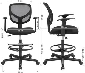 Ergonomická kancelářská židle s opěrkami, vysoká otočná židle s výškou sedáku 55-75 cm, černá