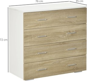 HOMCOM Komoda se 4 šuplíky - Moderní pomocný úložný kabinet do ložnice, chodby nebo obývacího pokoje, 76x35x72 cm, dub a bílá