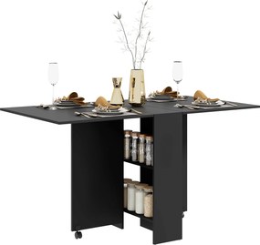 Skládací jídelní stůl HOMCOM s kolečky, skládacími křídly a policemi pro 4-6 osob 75x140x74 cm černý | Aosom