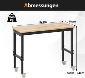 Costway Nastavitelný pracovní stůl s kolečky a nosností 1100 kg a 2 perforované
