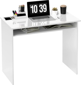 HOMCOM Počítačový stůl Kompaktní Elegantní kancelářský stůl s 1 policí, Dřevotříska, rozměr 90D x 50Š x 74V cm, Vysoce lesklá bílá
