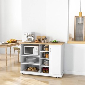 HOMCOM Kuchyňský Ostrov Trolley, Vozík, Kuchyňský Vozík, 7 Otevřených Přihrádek, 1 Skříňka s Dveřmi, 129 x 51 x 93 cm, Dřevo a Bílá