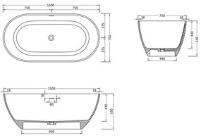 Mexen Rimini, volně stojící vana z konglomerátu 150 x 75 cm, bílá matná, 57241507500