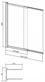 Cersanit Larga, vanová zástěna 140x115 cm, dvoukřídlé průhledné sklo, černý profil, S932-142