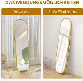 HOMCOM oválné celoformátové volně stojící zrcadlo, 50 × 180 cm — nerozbitné sklo, kovový rám a stojan, zlaté — do ložnice, obýváku, předsíně