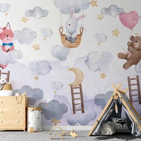 Fototapeta Pro děti - medvěd, králíček a liška letící ve hvězdách a oblacích