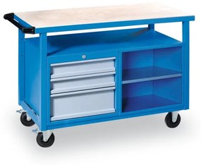 Pojízdný pracovní stůl do dílny GÜDE Basic, smrk + buková překližka, 3 zásuvky, 1 police, 1190 x 600 x 850 mm, modrá