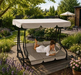 GardenLine Luxusní zahradní houpačka s lůžkem a držáky na nápoje pro 3 osoby 200 × 120 × 164 cm SORENTINO Mesh Taupe béžová