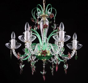 6-ti ramenný zelený křišťálový lustr se skleněnými květy a ptáčky