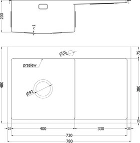 Mexen Exar nerezový dřez 1-komorový s odkapávačem, pravý 780 x 480 mm, inox - 6434781010P-01