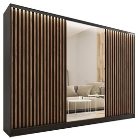 Nejlevnější nábytek Šatní skříň INSULAR 3D 280 se zrcadlem, 4 šuplíky a 2 šatními tyčemi, černý mat/dub