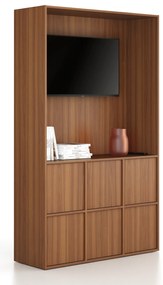 Kancelářská skříň FRAME, 6x dveře, prostor pro TV, 1299 x 450 x 2162 mm, PUSH-lock, ořech