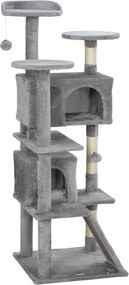 PawHut Kočičí škrabadlo výška 138 cm, strom pro kočky s sisalovými škrabacími sloupy, platformami, úkryty, zavěšenými míčky a hamakem, světle šedé | A