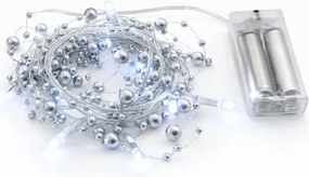 LED světýlka na baterie, perly stříbrné, 1,3 m, ledově bílá, 10 diod, čirý kabel, IP20 interiér, 2 × AA