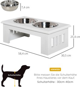 PawHut Zvýšená miska pro psy Miska na krmivo s nerezovými miskami 58,4x30,5x25,4cm MDF Protiskluzová Snadná údržba Bílá pro psy | Aosom.de