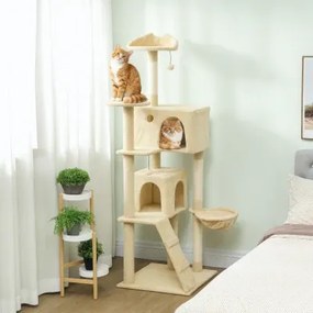 PawHut škrabadlo pro kočky 180 cm s platformami, postelí, 2 jeskyněmi, houpací sítí, žebříkem, sisalovými sloupy, béžová