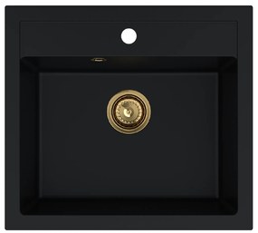 Sink Quality Ferrum, kuchyňský granitový dřez 565x510x205 mm + zlatý sifon, černá, SKQ-FER.C.1K60.XG