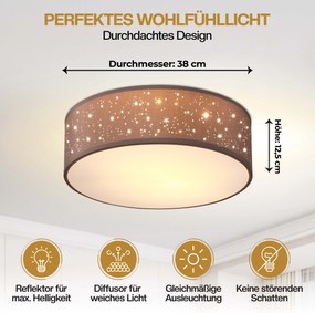 Stropní svítidlo šedohnědý textil Ø38cm hvězdná obloha