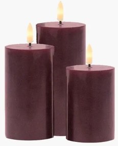 LED svíčky z pravého vosku dobíjecí Bordeaux, sada 3 ks, výška 10/12,5/15cm, ø 7,5 cm, vínová, bez stanice