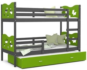 DOBRESNY Dětská patrová postel MAX 3 90x200 cm s šedou konstrukcí v zelené barvě s motýlky