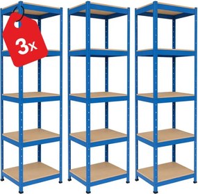 Akce 3x Regál 180x40x40 cm lakovaný 5-policový, nosnost 875 kg - modrý