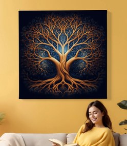Obraz na plátně - Zlato modrý strom života na černém pozadí FeelHappy.cz Velikost obrazu: 100 x 100 cm