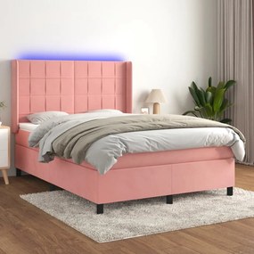Box spring postel s matrací a LED růžová 140x200 cm samet