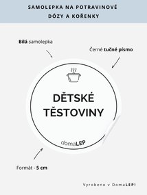 DĚTSKÉ TĚSTOVINY  – bílá samolepka na dózu, tučné písmo, 5 cm | DomaLEP