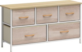 HOMCOM komoda s 5 látkovými zásuvkami a kovovým rámem — přírodní dřevo/bílá