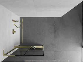 Mexen Kioto+ L, sprchová zástěna Walk-In s poličkou a věšákem 70 x 200 cm, 8mm čiré sklo černý vzor, ​​zlatý matný profil, 800-070-123-55-77