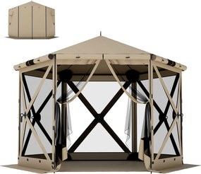 Outsunny hexagonální altán 3,0 x 2,6 m s podložkou, síťovými bočními panely a přepravní taškou — voděodolný, odolný proti UV, khaki | Aosom