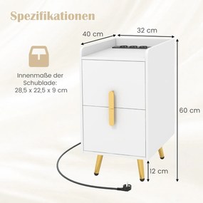 Costway Noční stolek s nabíjecí stanicí, úzká noční skříňka s 2 zásuvkami a USB