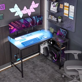 HOMCOM Stůl ve tvaru L s LED diodami, zásuvkami, USB, oboustranný počítačový stůl s polici, 107 x 80 x 90 cm, černý [