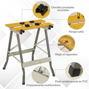 Skládací pracovní stůl DURHAND se 4 svorkami, 100 kg nosnost, ocelová konstrukce, pracovní deska pro dílnu, garáž a staveniště, 62,5x60,5x78,5 cm, še…