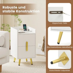 Costway Noční stolek s nabíjecí stanicí, úzký s 2 zásuvkami, s kovovými nohami