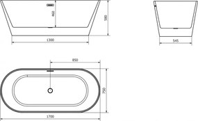 Mexen Flavia, volně stojící vana 170 x 75 cm, bílá, broušený grafit přepad, 54031708000-95