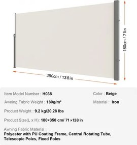 Stahovací boční markýza, 180,3 × 350,5 cm Venkovní ochranná – KSSCP180X350VY7PHV0