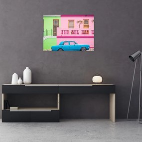 Skleněný obraz auta - barevné domy (70x50 cm)
